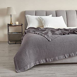 100% Cotton Blanket for King Size Bed - Grey Waffle Weave Lightweight Summer Bed Blanket - 102x90in Prewashed Breathable, Woven, Layering Blanket (King, Dark Grey)