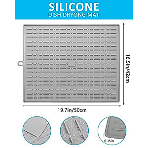 Large Silicone Dish Drying Mat with Faucet Mat - 20" x 16" - Dish Drying Mat, Dish Drainer Mat for Kitchen Counter, Heat Resistant Hot Pot Pad, Non-Slip Sink Mat, BPA Free, Dish Washer Safe(Grey)