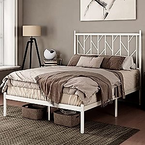 Allewie Queen Size Platform Bed Frame with Vintage Headboard, 14 Inches Metal Mattress Foundation for Storage, No Box Spring Needed, Easy Assembly, Modern, White
