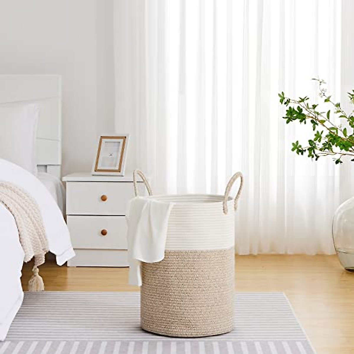 VIPOSCO Large Laundry Hamper, Tall Woven Rope Storage Basket for Blanket, Toys, Dirty Clothes in Living Room, Bathroom, Bedroom - 58L White & Brown
