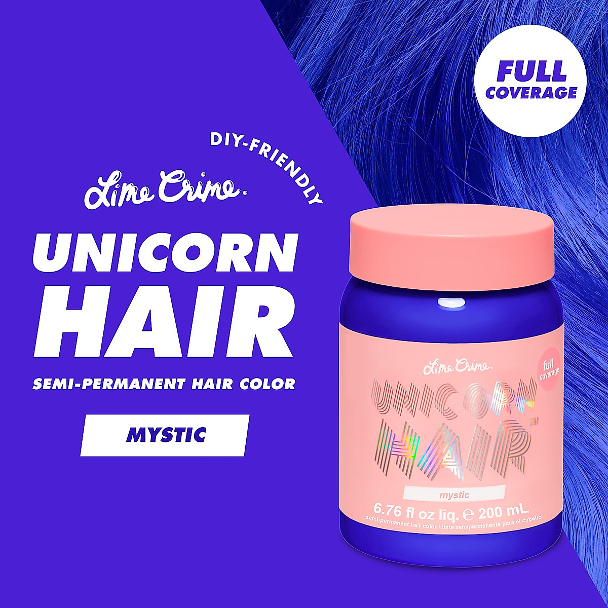 Lime Crime Unicorn Hair Dye Full Coverage, Mystic (Electric Blue) - Vegan and Cruelty Free Semi-Permanent Hair Color Conditions & Moisturizes - Temporary Blue Hair Dye With Sugary Citrus Vanilla Scent