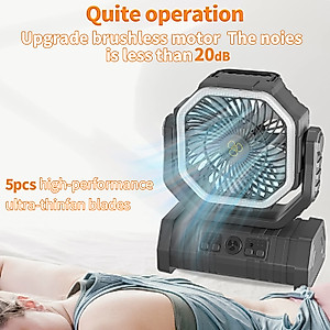 Portable Camping Fan Rechargeable with LED Lantern, 20000mAh Battery Powered Travel Fan with 1-8 Hour Timing Function, 270° Head Rotation, 4 Speeds Settings for Tents, Office, Desk, Camp and Fishing