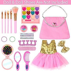 Ecore Fun 19 Pcs American 18 Inch Doll Clothes and Accessories Make Up Sets Includes Doll Dress Cosmetic Bag and Makeup Stuff for 18 Inch Doll Gneration Dolls（No Doll）