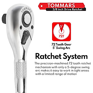 TOMMARS 3/8-Inch Drive Stubby Ratchet Mini Ratchet Quick-Release Head 72-Tooth