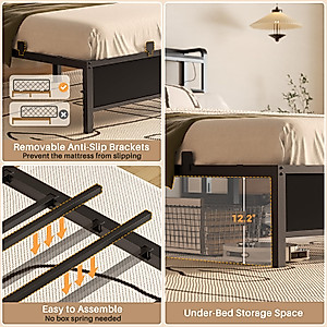 Homieasy Full Size Bed Frame with Charging Station, Adjustable Upholstered Faux Leather Headboard, Industrial Platform Bed with LED Lights, Steel Slat Support, No Box Spring Needed, Black