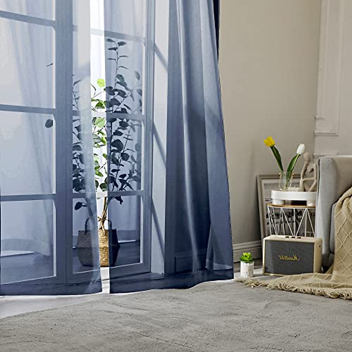 Lecloud Window Treatment Sheer Curtains 120 Inches Long, Basic Rod Pocket Drapes for Living Room Bedroom, Semi Sheer Voile Curtain Panels for Yard Patio Villa Parlor Backdrop, 40" Wx120 L, Navy Blue