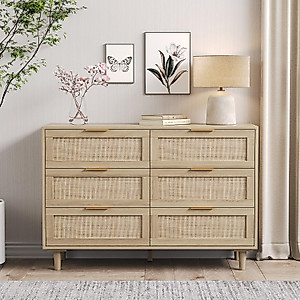 Angel Sar Rattan Dresser for Bedroom, 6 Drawer Wide Dresser, Boho&Farmhouse Chest of Drawers, 43" Clothes Storage Cabinet, Metal Handle&Wood Legs for Hallway, Living Room, Bedroom, Wood