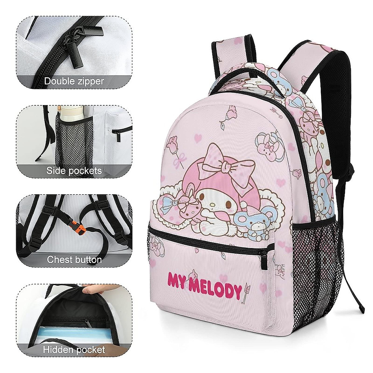 Ladycute M-y Mel-ody backpack book bag withe side pokect large suitable for men women ​hiking camping picnic