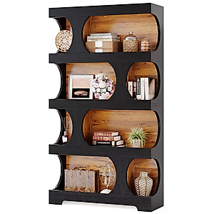 Tribesigns 71" Tall Bookcase, 4-Tier S-Shaped Bookshelf, Wood Decorative Storage Shelving, Modern Freestanding Display Shelves, Large Library Book Shelf Unit for Home Office Living Room Bedroom, Black