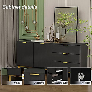 FUFU&GAGA Buffet Sideboard with 3 Drawers & 2 Doors Storage, Buffet Cabinet Sideboard Credenza Coffee Bar Cabinet, Metal Legs, for Dining Room and Living Room (62.9”W x 15.7”D x 27.5”H) (Black)
