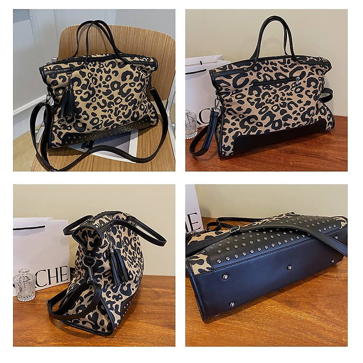 HANDAFA Ladies Leopard Print Tote Handbag Large Capacity Satchel Bag Fashion Shoulder Bag(Brown)