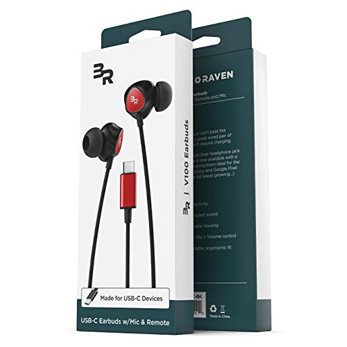 Bolle & Raven Thore USB Type C Earbuds | in Ear Wired Headphones with Microphone Remote | for Note 10/20, S21/ S21 FE/ S22 / S23 Ultra, Pixel 4/5 XL/6/6a/7 Pro, iPad Pro - Red