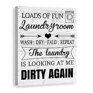 Hmlc Laundry Room Decor, Loads of Fun Vintage Farmhouse Laundry Room Sign Canvas Wall Art Laundry Rules Framed Plaque Bathroom Laundry Room Decorations for Wall Ready to Hang