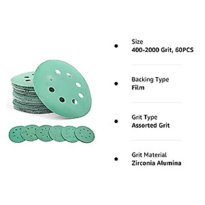 LotFancy 5 Inch 8 Hole Sanding Discs - 60PCS 400 600 800 1000 1500 2000 Grit Wet Dry Sandpaper Fine Grit Assortment, Green Film Backed, Hook and Loop Random Orbital Sander Sand Paper