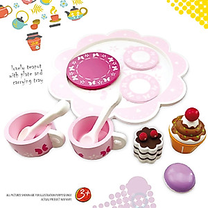 13 Pc Wooden Tea Set Toy - Includes Wood Tea Pot, Carrying Tray, teacups, Cupcakes. Made with Premium Materials - Encourages Pretend Play and Communication Skills - Wooden Toys for Children 3+