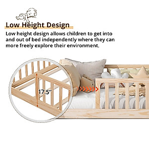 LLS Twin Floor Bed for Children, Durable Montessori Floor Bed with Sturdy Slats and Safety Fence, Solid Wood Floor Bed Frame for Girls Boys and Teens, Natural (Without Door)