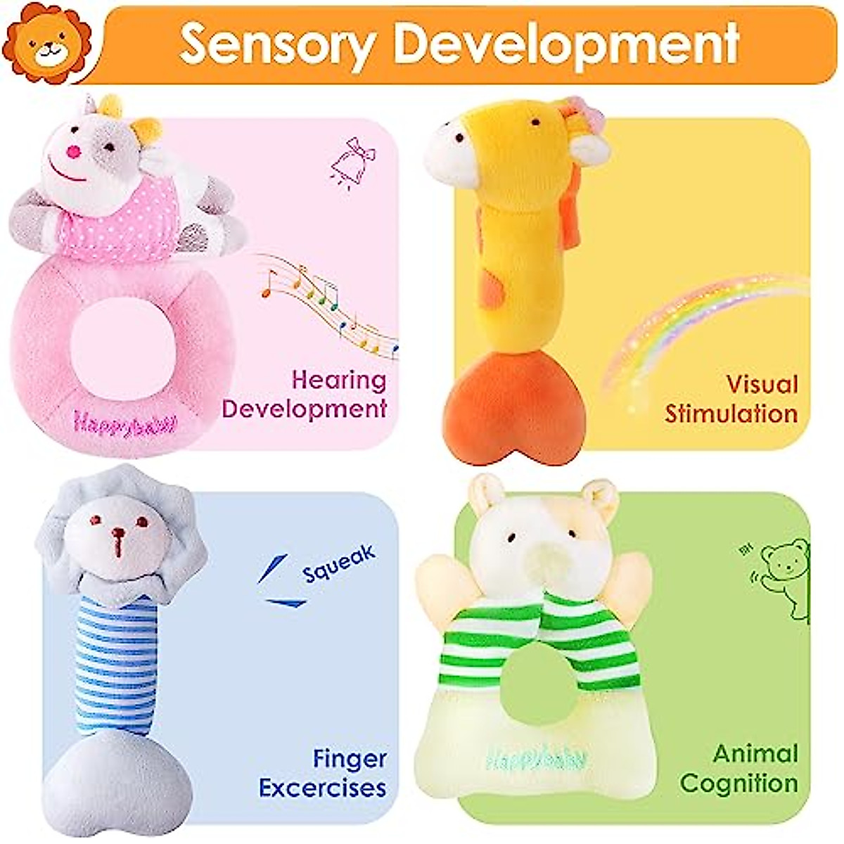 iPlay, iLearn 4 Plush Baby Soft Rattle Toys, Hand Grab Sensory Shaker, Farm Stuffed Animal Set, Infant Easter Basket Girls, Unique Newborn Shower Gifts for 2 3 6 9 12 18 Month 1 Year Old Boys Toddlers