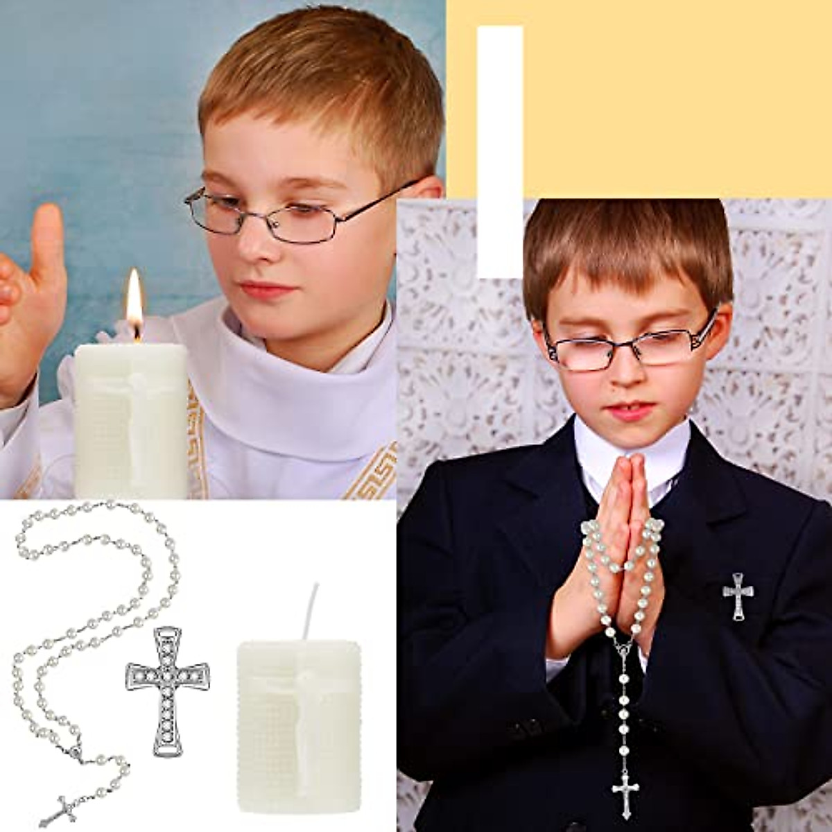 5 Pieces Boys First Holy Communion Accessories Boys Communion Set Including 1 White Tie 1 Folded Handkerchief Embroidered with the Cross 1 Cross Pin 1 Pearl Rosary 1 Cross Candle for Baptism