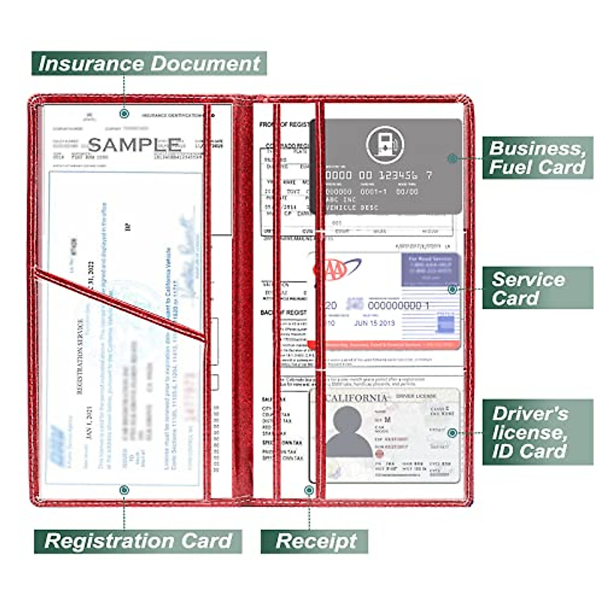 Teoenix Car Registration and Insurance Holder - Automotive Consoles & Organizers Vehicle Glove Box Wallet Accessories Case - Motorcycle, Truck, Trailer ID Holder & Document Storage - Bling Red