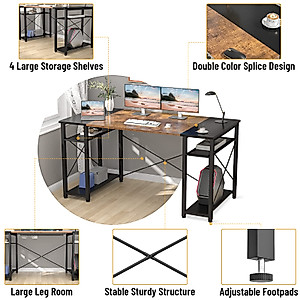 Ecoprsio 55 Inch Computer Desk, Large Office Desk with 4 Storage Shelves, 55'' Study Writing Table with CPU Stand, Sturdy PC Desk for Home Office, Bedroom, Gaming Room, Rustic and Black