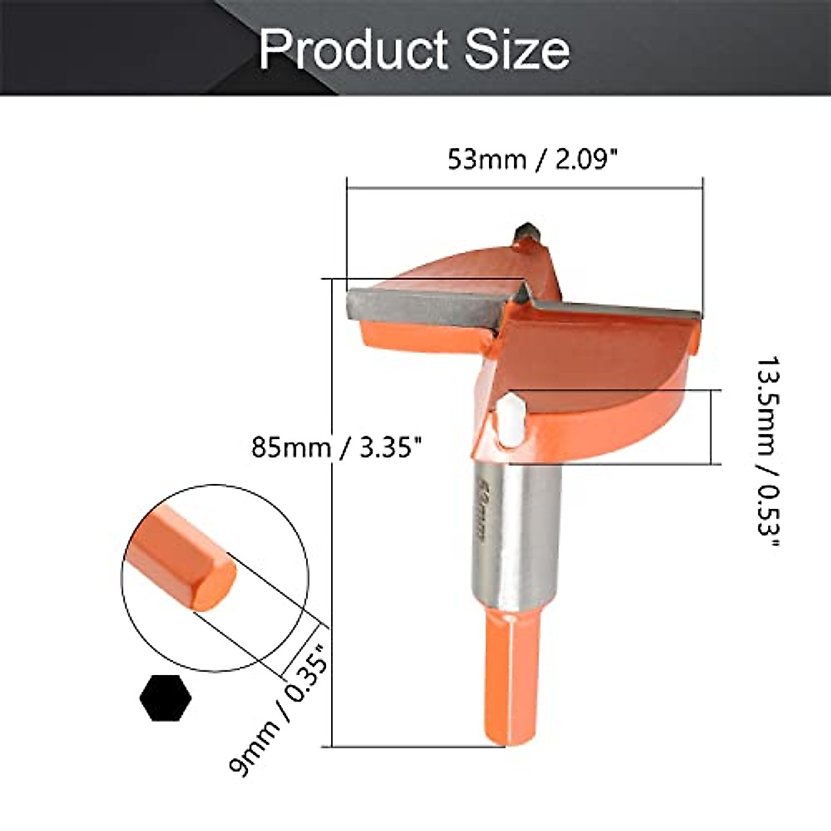 Utoolmart Forstner Drill Bits, 53mm Cemented Carbide Wood Cutter Tool, Hex Shank Woodworking Hole Saw Cutter, 85mm Length Woodworking Hole Boring Bit, Orange, 1 Pcs