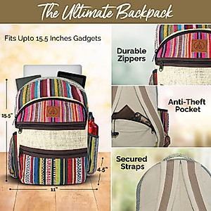 Ojas Yatra Large Hemp Backpack - Multi Pocket Organic Himalayan Student Bag Packs for Laptop - Boho/Hippie Himalayan Bag for Travel & Festivals