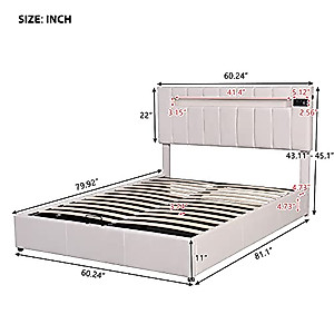 LUMISOL Lift Storage Bed Queen Size, Upholstered Platform with LED Light Bluetooth Player and USB Charging Tufted Headboard, Bed Frame with a Hydraulic Storage and Slat Support, Beige