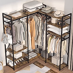 PAKASEPT L Shaped Garment Rack, L Shaped Closet Organizer, Freestanding Corner Clothes Garment Rack with 4 Hanging Rods and Open Shelves Heavy Duty Metal Clothing Rack for Bedroom