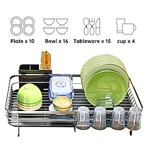 PXRACK Dish Drying Rack, Expandable(12.8"-21.5") Dish Rack with Utensil Holder Cup Holder, Stainless Steel Dish Rack and Drainboard Set for Kitchen Counter, Silver