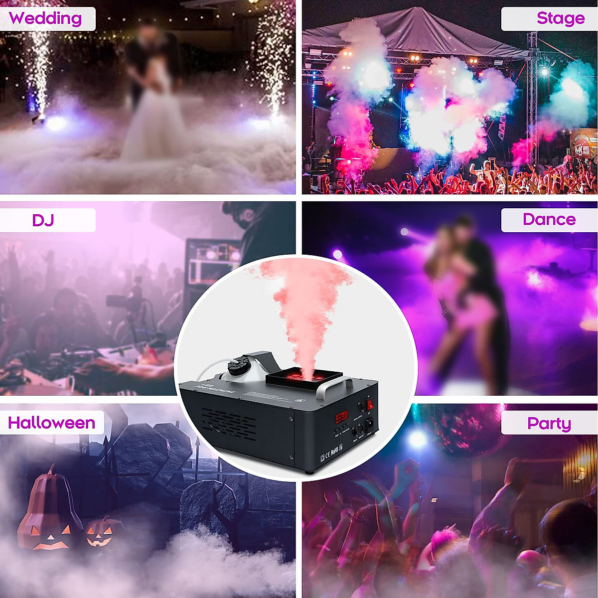 Tengchang Fog Machine for Halloween, 1500W DMX RGB 3 in1 24 LED Smoke Machine Stage Lighting Vertical Spray W/Remote
