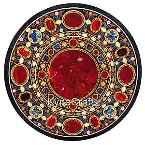 48 x 48 Inches Antique Pattern Inlay Work Meeting Table Top for Office Decor Round Shape Black Marble Dining Table with Elegant Look