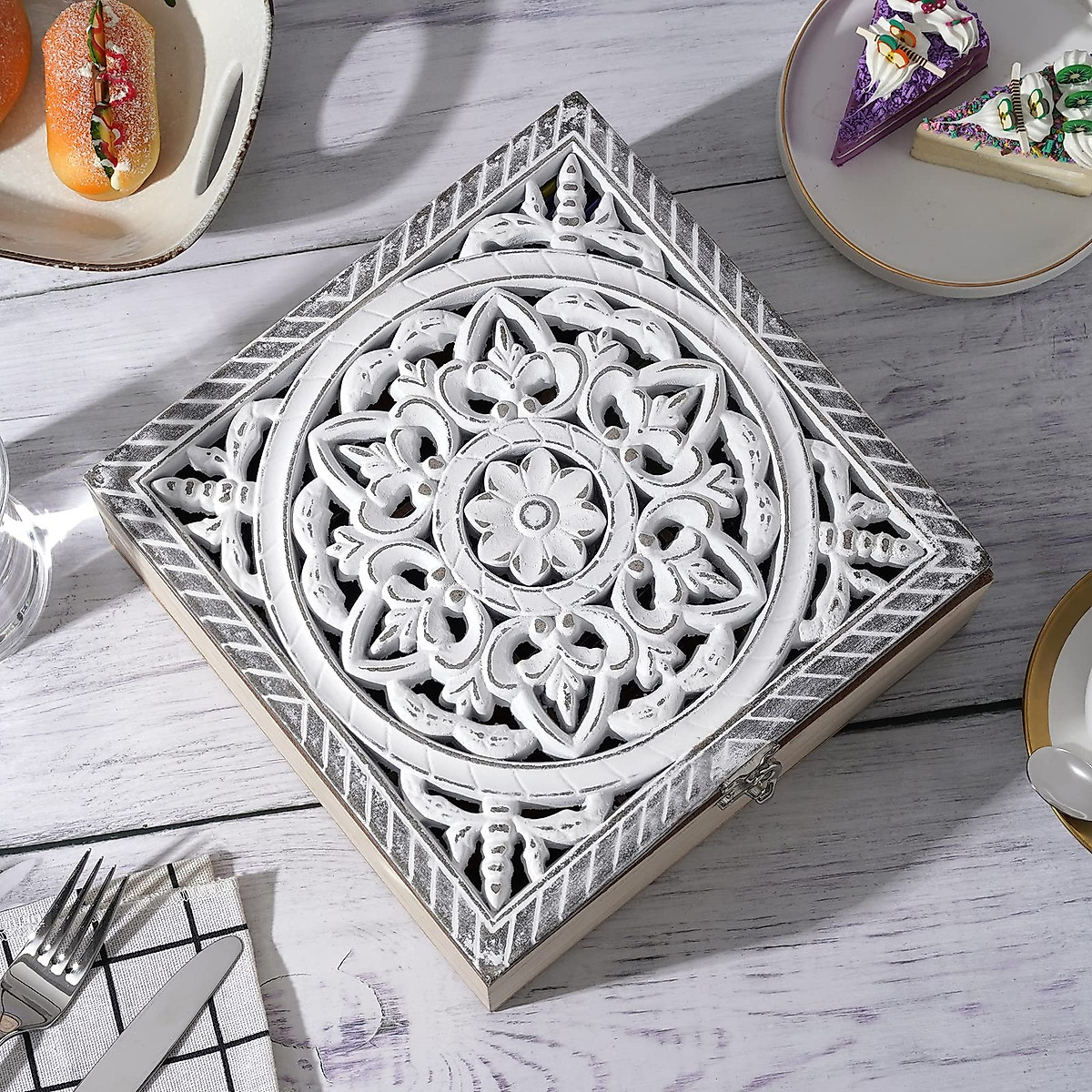 handrong Tea Box for Tea Bag Organizer Tea Bag Holder Tea Box Wooden Rustic Tea Chest with Unique Floral Pattern 9 Compartments for Gift Home Tea House