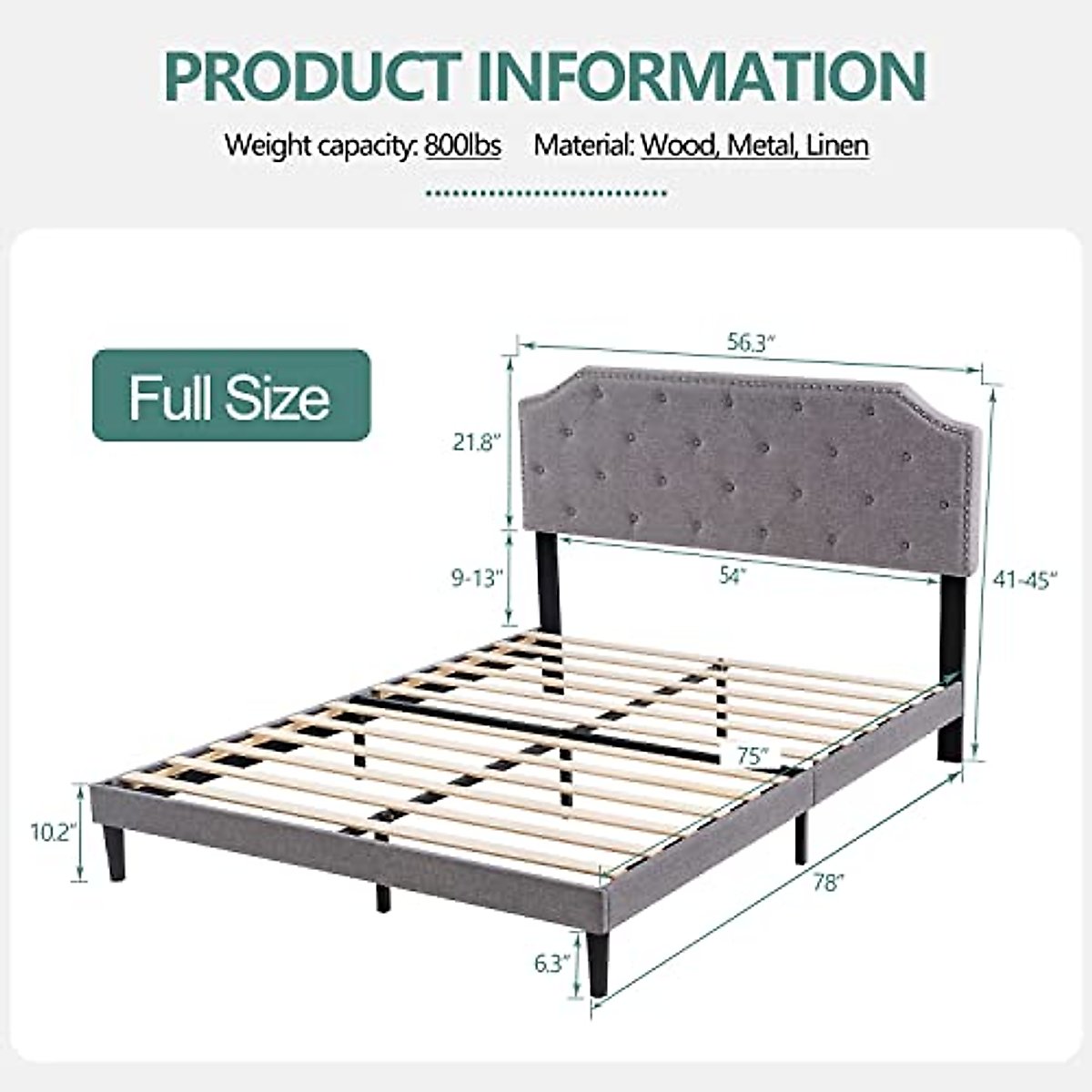 QZhommer Full Size Bed Frame, Modern Upholstered Platform Bed with Adjustable Button Tufted & Riveted Headboard with Wood Slat Support, Easy Assembly, No Box Spring Needed(Grey)