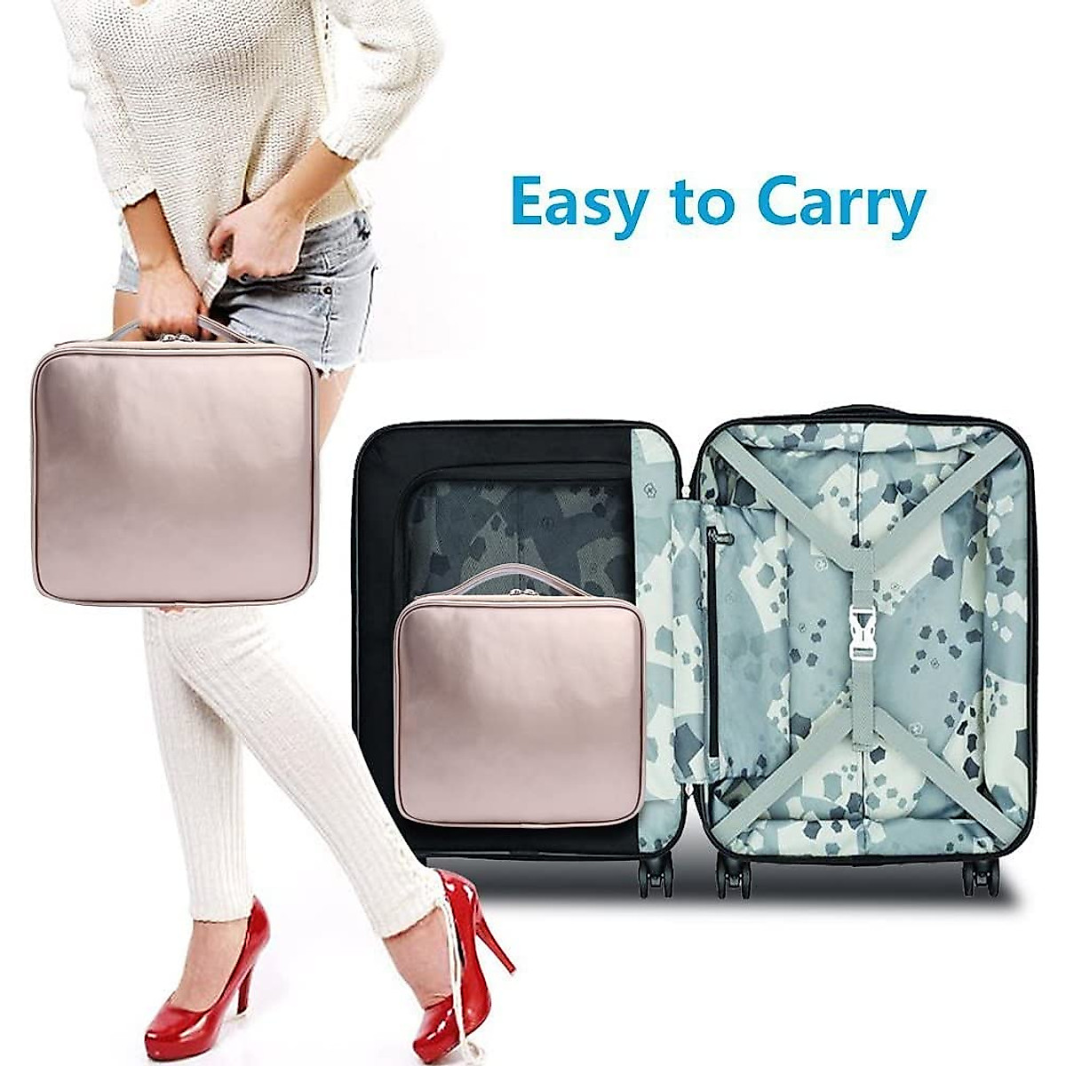 Relavel Cosmetic Case Makeup Case Travel Train Case Professional Portable Cosmetic Artist Storage Bag with Adjustable Dividers for Cosmetics Makeup Brushes and Adjustable Shoulder Strap (Rose Gold)