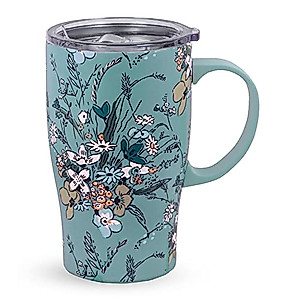 Vera Bradley Coffee Tumbler with Handle, 18 Ounce Stainless Steel Mug with Lid, Green Floral Metal Thermal Cup, Sunlit Garden Greek Sage