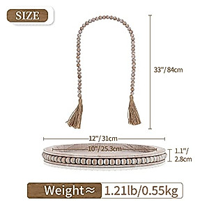 Hanobe Round Wooden Bead Tray: Coffee Table Tray with Wood Beaded Garland Decor Set Pinkish Whitewashed Decorative Tray for Counter Farmhouse Centerpiece Rustic Distressed Candle Holder