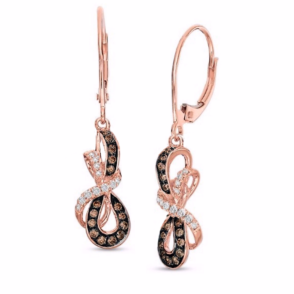 Brandy Diamondorables 18K Rose Gold Silver Chocolate Brown Infinity Ribbon Leverback Earrings 1.00 Ctw.