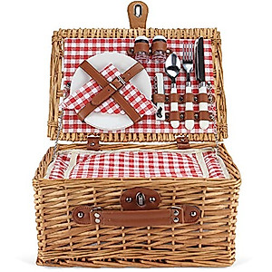 Wicker Picnic Basket for 2 Person, Willow Hamper Basket Sets with Insulated Compartment, Handmade 2 Person Picnic Basket Classical Red Check with Utensils Cutlery Perfect for Picnic, Camping