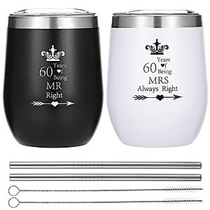 HLIKEM Pack Of 2 Wine Tumbler 60 Years Mr Right Mrs Always Right 60th Wedding Engagement Anniversary Cups for Couple Parents Stainless Steel Wine Glass with Straws and Brush