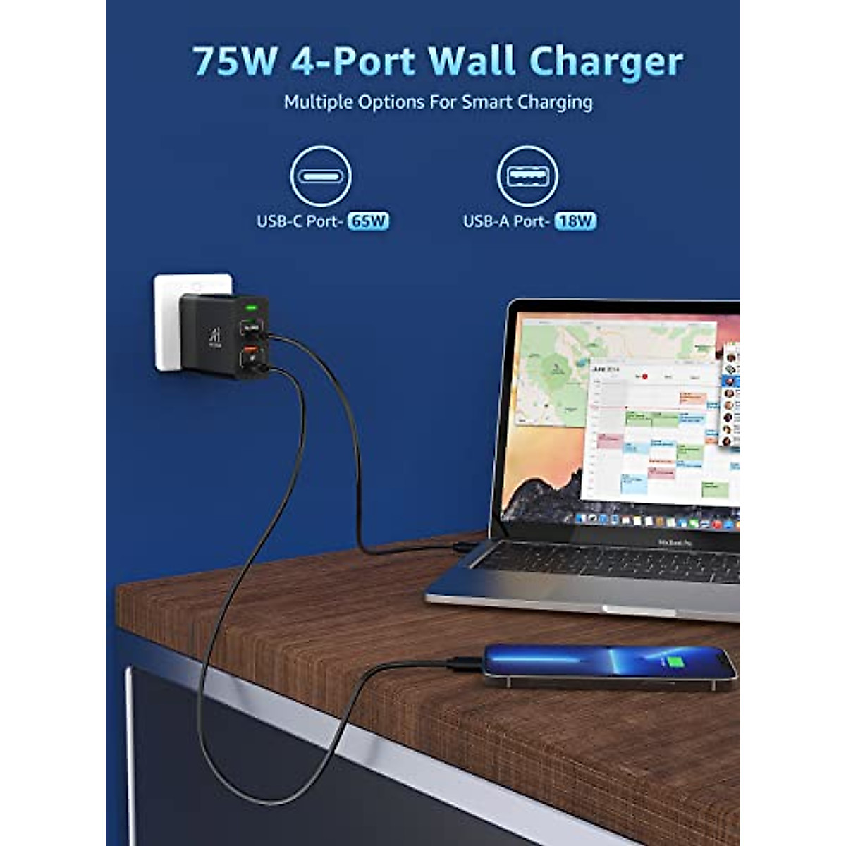 USB C Charger, 75Ｗ iPhone Fast Charger Block, Dual PD3.0 & QC3.0 Super Fast Wall Charger, PPS Type c Charger Fast Charging,Travel Power Adapter Compatible MacBook Pro/Air/iPad/iPhone14/Galaxy S22/S21