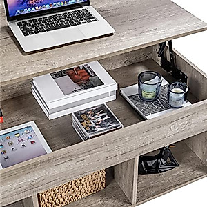Yaheetech Gray Coffee Table, 47.5in Lift Top Coffee Table with Storage Hidden Compartment and 3 Open Shelves, Wooden Rustic Rising Center Table for Living Room