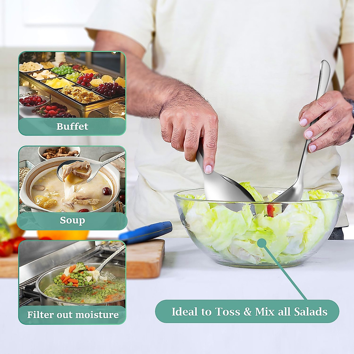 Teivio Hammered Stainless Steel Metal Serving Utensils Set of 8, 10" Serving Spoons, 10" Slotted Spoons, Large Hostess Serving Set for Parties Chafing Dish Buffet Catering (Silver)