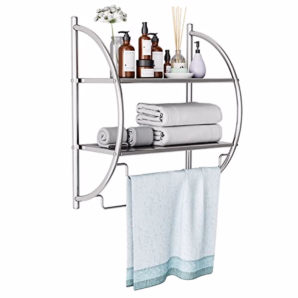 Safstar Wall Mounted Bathroom Shelf, 2-Tier Metal Bathroom Towel Rack w/Leaky Design Shelves & Towel Bars, Chrome Bathroom Shelf for Living Room Kitchen Bathroom, 18"W X 10"D X 22"H, Silver
