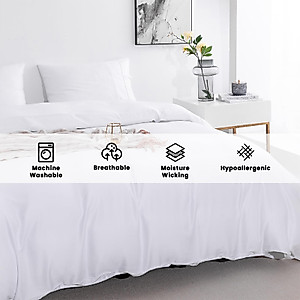CBHME Duvet Cover Set Queen, Rayon Derived from Bamboo, 3PCS Cooling Bedding, Silky-Soft Duvet Cover Withe Corner Ties & Button Closure and 2 Envelope Pillowcases - White
