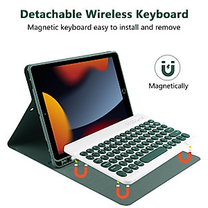 Keyboard Case for iPad 9th/8th/7th Generation Case with Keyboard 10.2inch 2021/2020/2019, BT Wireless Keyboard Case for iPad Air 10.5 3rd Gen, Slim Leather with Pencil Holder for iPad Pro Dark Green