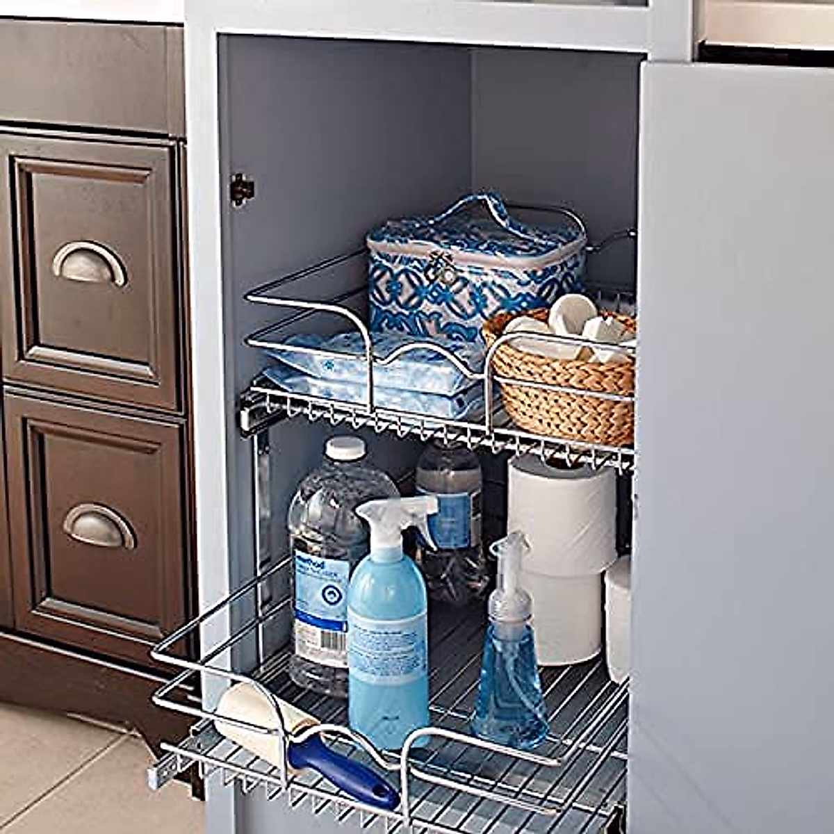 Tiger Pull Out Drawer Organizer, Double Tier Shelves 12" W x 18" D x 16"H, Great for Vanities Under Sink, Perfect for 15" Wide Cabinet Or More