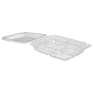 Tamper Tek 13 Ounce Rectangle Take Out Containers, 100 Durable Carryout Containers - Tamper-Evident, Freezable, Clear Plastic To-Go Containers, 4 Compartments, With Hinged Lids - Restaurantware