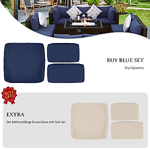 BULEXYARD High Back Brown PE Rattan Outdoor Patio Furniture Set with Propane Fire Pit Table, Large Wicker Outside Sectional Furniture Sofa Conversation Sets for Backyard(Navy Blue, 9Pcs)