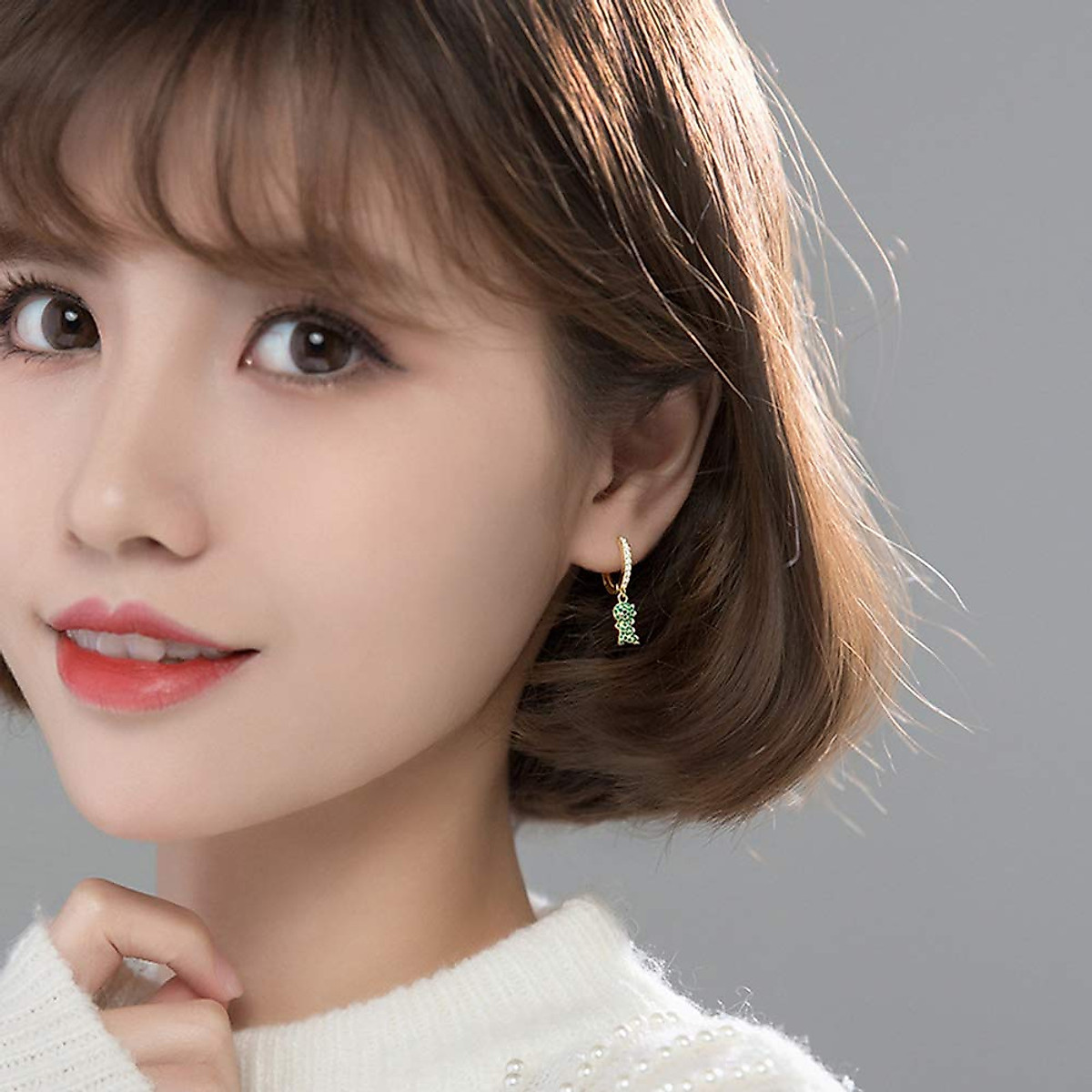 Cute Dinosaur Dangle Hoop Earrings S925 Sterling Silver Green Cubic Zirconia Animal Dangling Charm Drop Huggie Hoops Studs Earring Jewelry Gifts for Women (Yellow Gold)