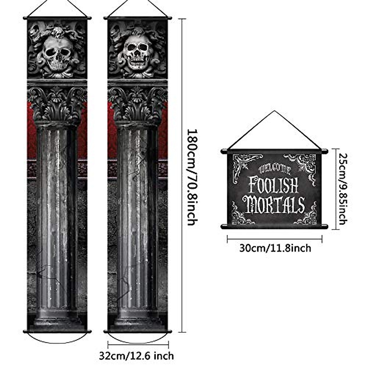2 Pieces Halloween Gothic Mansion Banners Halloween Skull Hanging Banners with Welcome Foolish Mortals Porch Sign Spooky Halloween Pillar Sign Banner Decorations for Outdoor Halloween Party Supplies